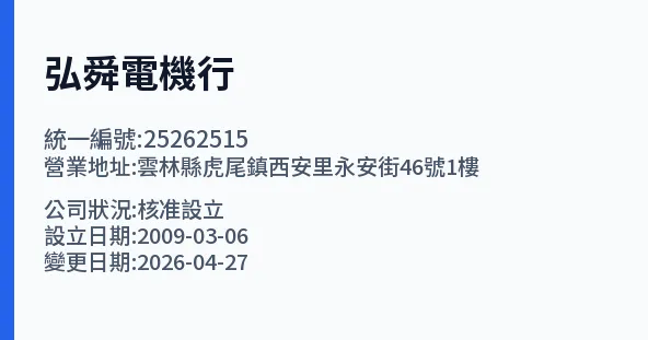弘舜電機行的照片-統編 25262515(雲林縣) 公司登記資料與營業項目詳細圖表