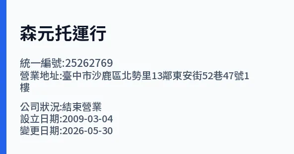 森元托運行的照片-統編 25262769(臺中市) 公司登記資料與營業項目詳細圖表