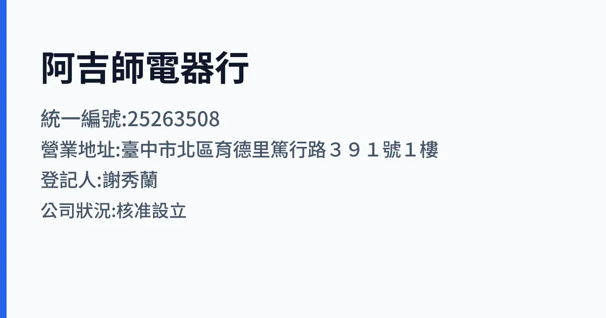 阿吉師電器行 - 統編 25263508(臺中市) 公司登記資料與營業項目詳細圖表