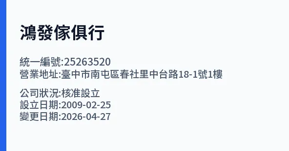 鴻發傢俱行的照片-統編 25263520(臺中市) 公司登記資料與營業項目詳細圖表