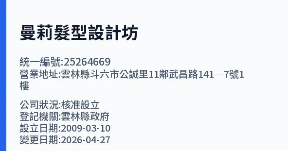 曼莉髮型設計坊的照片-統編 25264669(雲林縣) 公司登記資料與營業項目詳細圖表