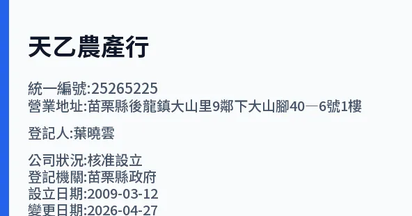 天乙農產行的照片-統編 25265225(苗栗縣) 公司登記資料與營業項目詳細圖表