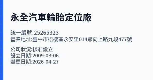 永全汽車輪胎定位廠的照片-統編 25265323(臺中市) 公司登記資料與營業項目詳細圖表