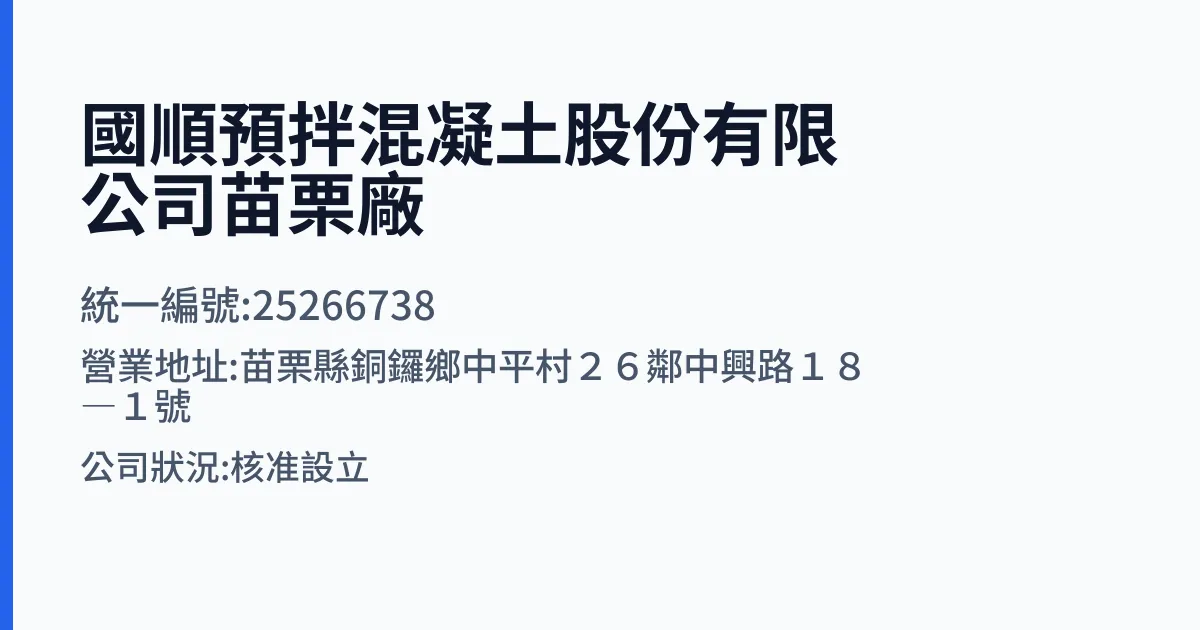 國順預拌混凝土股份有限公司苗栗廠 - 統編 25266738(苗栗縣) 公司登記資料與營業項目詳細圖表