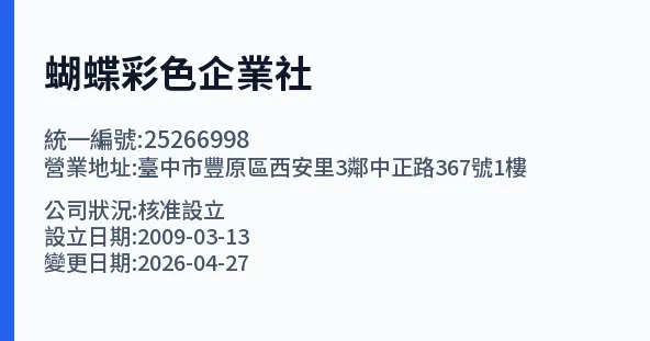 蝴蝶彩色企業社的照片-統編 25266998(臺中市) 公司登記資料與營業項目詳細圖表