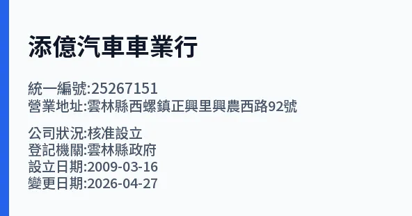 添億汽車車業行的照片-統編 25267151(雲林縣) 公司登記資料與營業項目詳細圖表