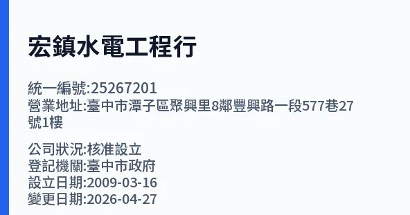 宏鎮水電工程行的照片-統編 25267201(臺中市) 公司登記資料與營業項目詳細圖表