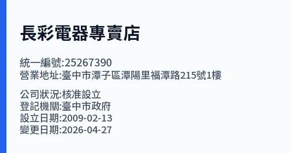 長彩電器專賣店的照片-統編 25267390(臺中市) 公司登記資料與營業項目詳細圖表