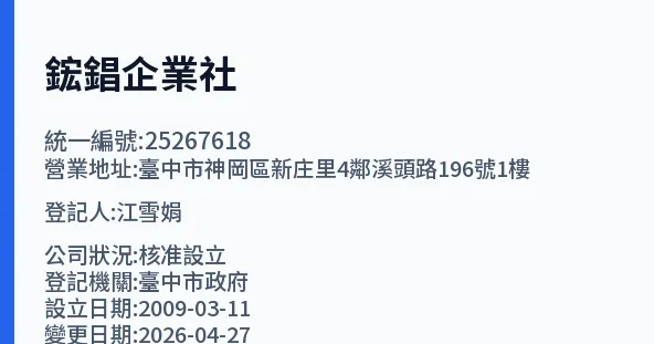 鋐錩企業社的照片-統編 25267618(臺中市) 公司登記資料與營業項目詳細圖表