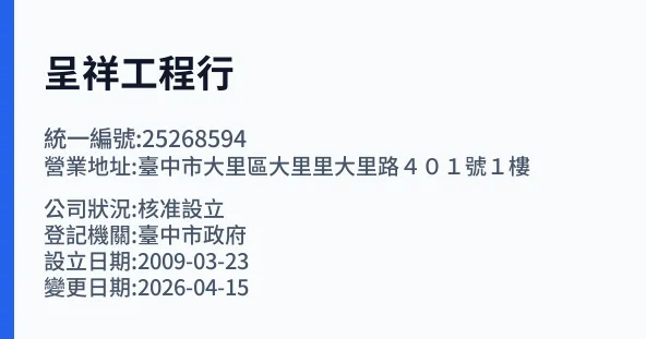 呈祥工程行的照片-統編 25268594(臺中市) 公司登記資料與營業項目詳細圖表