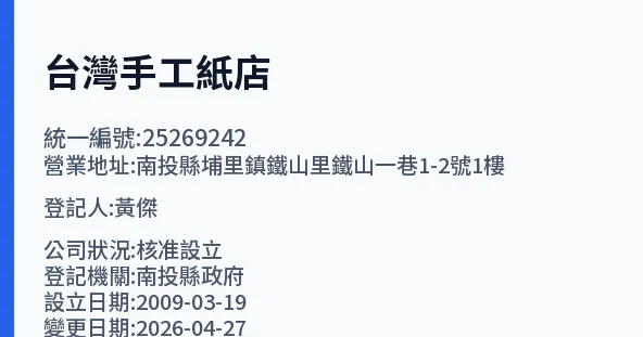台灣手工紙店的照片-統編 25269242(南投縣) 公司登記資料與營業項目詳細圖表