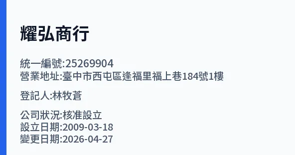 耀弘商行的照片-統編 25269904(臺中市) 公司登記資料與營業項目詳細圖表