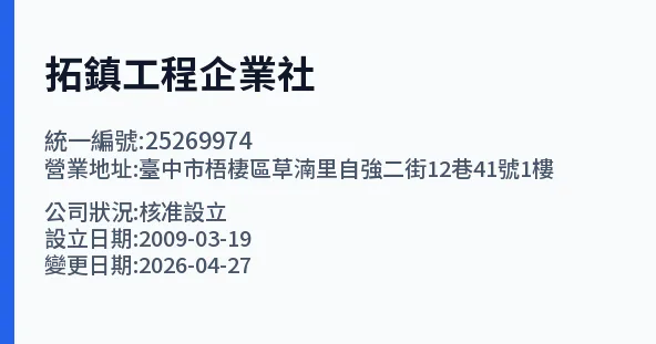 拓鎮工程企業社的照片-統編 25269974(臺中市) 公司登記資料與營業項目詳細圖表