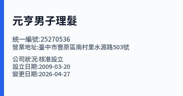 元亨男子理髮的照片-統編 25270536(臺中市) 公司登記資料與營業項目詳細圖表