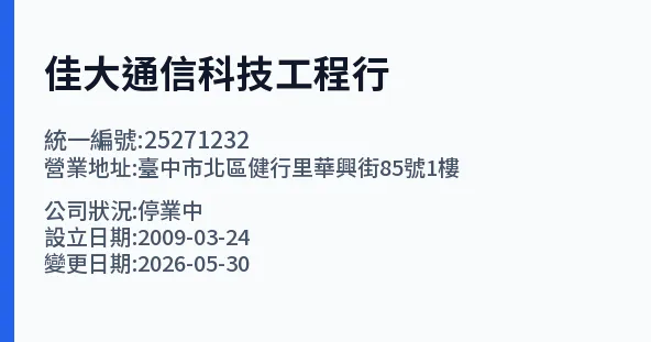 佳大通信科技工程行的照片-統編 25271232(臺中市) 公司登記資料與營業項目詳細圖表