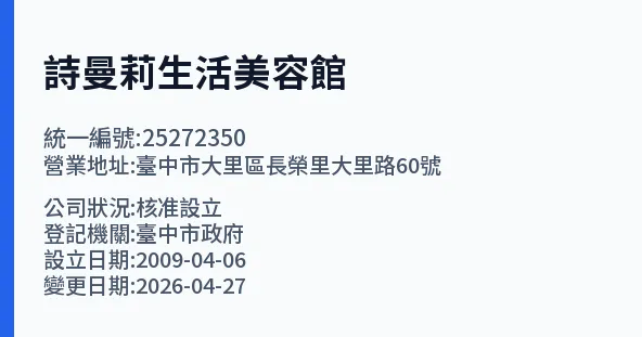 詩曼莉生活美容館的照片-統編 25272350(臺中市) 公司登記資料與營業項目詳細圖表