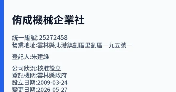侑成機械企業社的照片-統編 25272458(雲林縣) 公司登記資料與營業項目詳細圖表