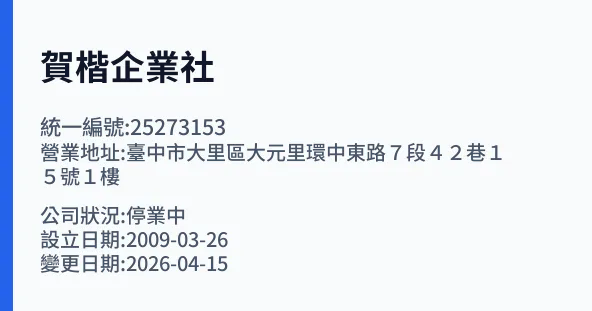 賀楷企業社的照片-統編 25273153(臺中市) 公司登記資料與營業項目詳細圖表