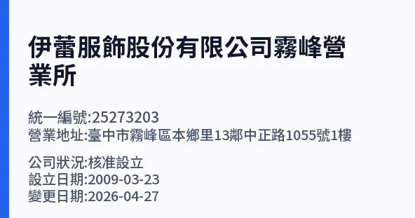 伊蕾服飾股份有限公司霧峰營業所的照片-統編 25273203(臺中市) 公司登記資料與營業項目詳細圖表