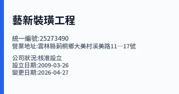 藝新裝璜工程的照片-統編 25273490(雲林縣) 公司登記資料與營業項目詳細圖表