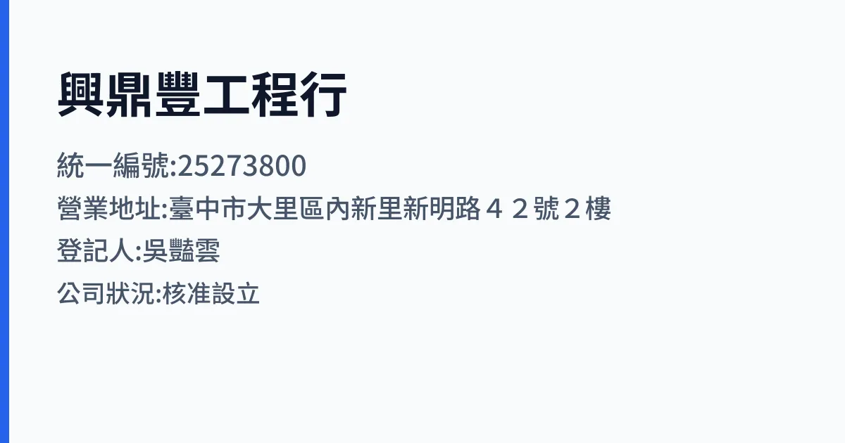 興鼎豐工程行 - 統編 25273800(臺中市) 公司登記資料與營業項目詳細圖表