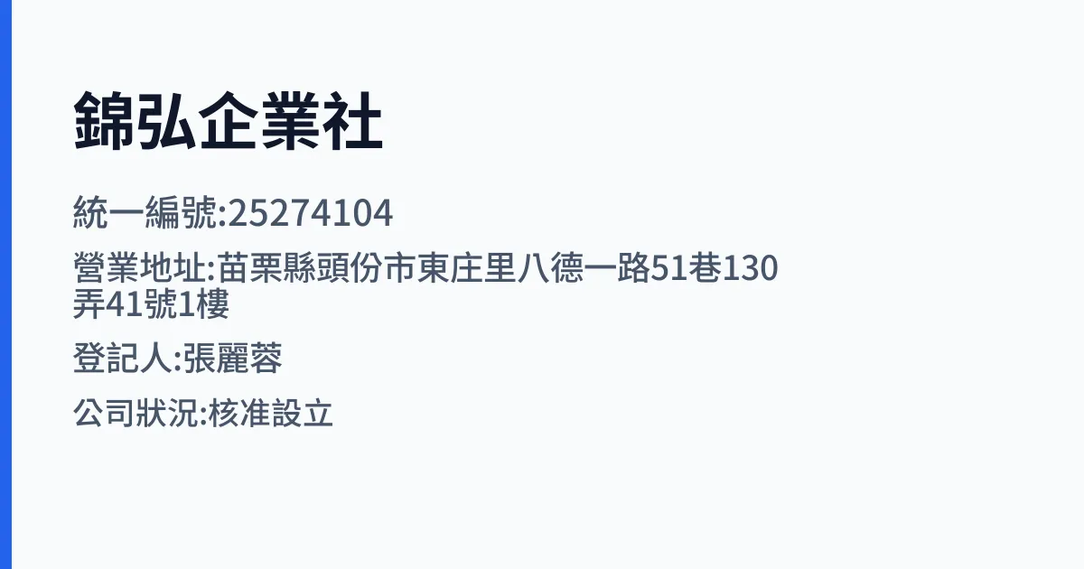 錦弘企業社 - 統編 25274104(苗栗縣) 公司登記資料與營業項目詳細圖表