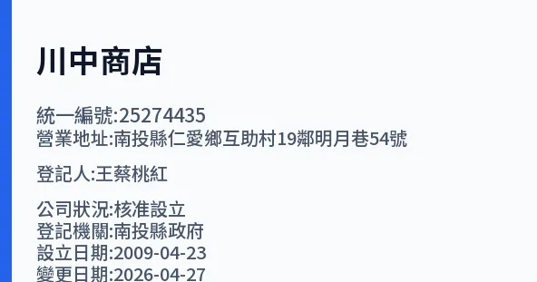 川中商店的照片-統編 25274435(南投縣) 公司登記資料與營業項目詳細圖表