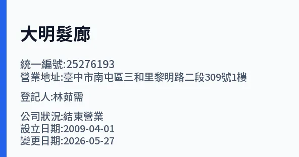 大明髮廊的照片-統編 25276193(臺中市) 公司登記資料與營業項目詳細圖表