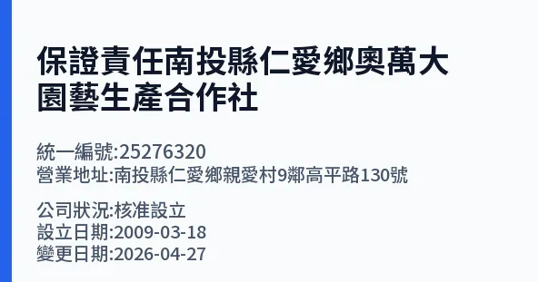 保證責任南投縣仁愛鄉奧萬大園藝生產合作社的照片-統編 25276320(南投縣) 公司登記資料與營業項目詳細圖表