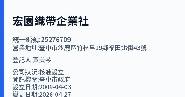 宏園織帶企業社的照片-統編 25276709(臺中市) 公司登記資料與營業項目詳細圖表