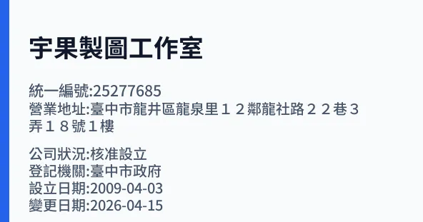宇果製圖工作室的照片-統編 25277685(臺中市) 公司登記資料與營業項目詳細圖表
