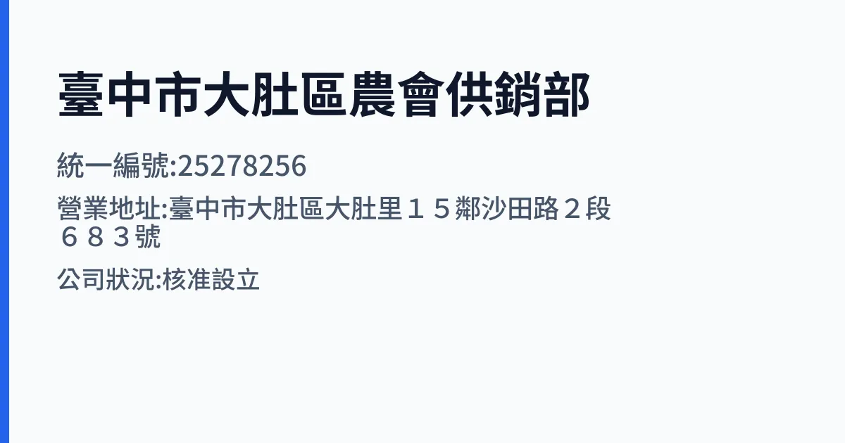臺中市大肚區農會供銷部 - 統編 25278256(臺中市) 公司登記資料與營業項目詳細圖表