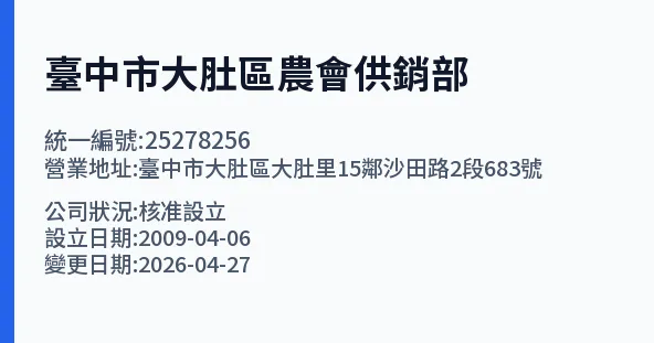 臺中市大肚區農會供銷部的照片-統編 25278256(臺中市) 公司登記資料與營業項目詳細圖表