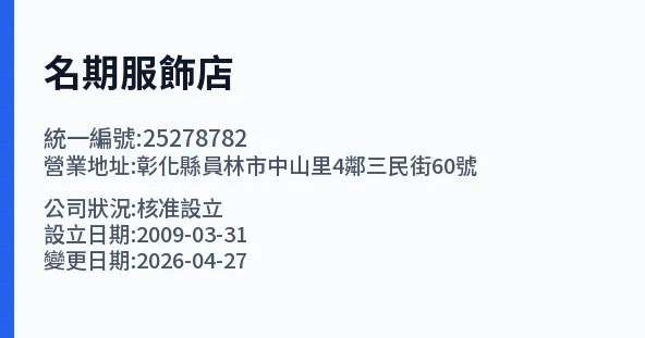 名期服飾店的照片-統編 25278782(彰化縣) 公司登記資料與營業項目詳細圖表