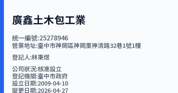 廣鑫土木包工業的照片-統編 25278946(臺中市) 公司登記資料與營業項目詳細圖表