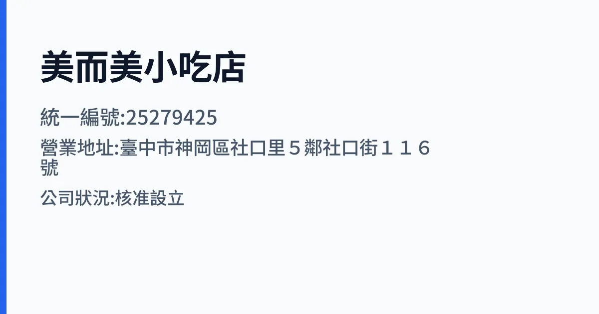 美而美小吃店 - 統編 25279425(臺中市) 公司登記資料與營業項目詳細圖表