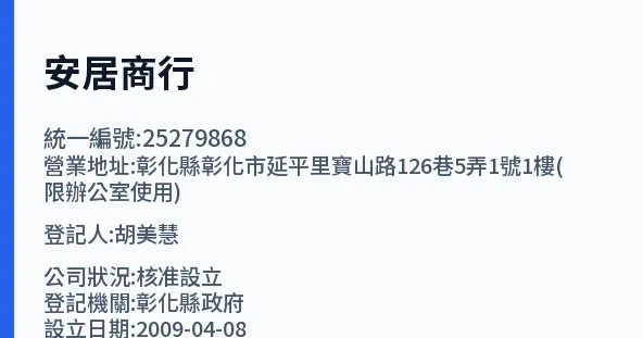 安居商行的照片-統編 25279868(彰化縣) 公司登記資料與營業項目詳細圖表