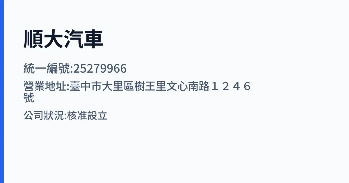 順大汽車 - 統編 25279966(臺中市) 公司登記資料與營業項目詳細圖表