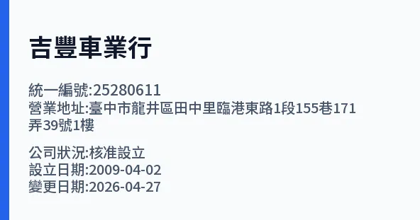 吉豐車業行的照片-統編 25280611(臺中市) 公司登記資料與營業項目詳細圖表
