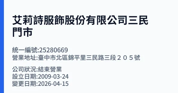 艾莉詩服飾股份有限公司三民門市的照片-統編 25280669(臺中市) 公司登記資料與營業項目詳細圖表