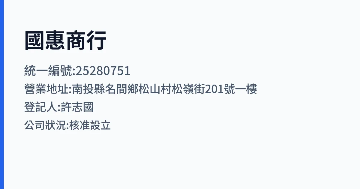 國惠商行 - 統編 25280751(南投縣) 公司登記資料與營業項目詳細圖表