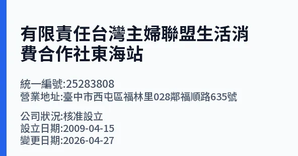 有限責任台灣主婦聯盟生活消費合作社東海站的照片-統編 25283808(臺中市) 公司登記資料與營業項目詳細圖表