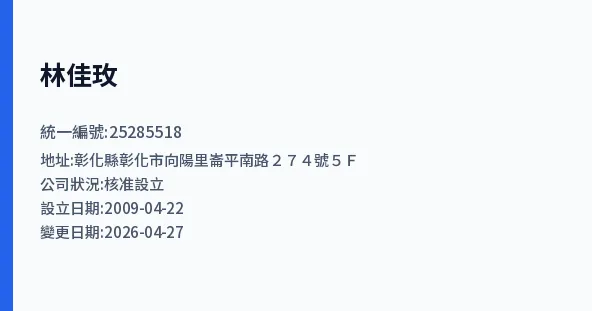 林佳玫的照片-統編 25285518(彰化縣) 公司登記資料與營業項目詳細圖表