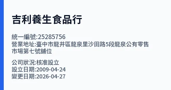 吉利養生食品行的照片-統編 25285756(臺中市) 公司登記資料與營業項目詳細圖表