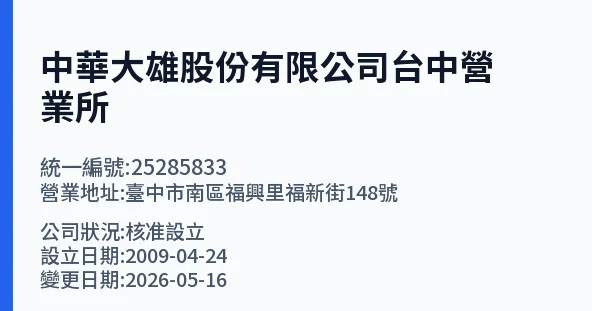中華大雄股份有限公司台中營業所的照片-統編 25285833(臺中市) 公司登記資料與營業項目詳細圖表