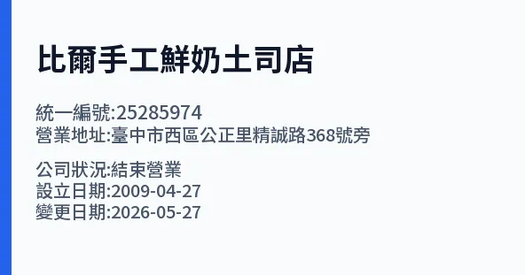 比爾手工鮮奶土司店的照片-統編 25285974(臺中市) 公司登記資料與營業項目詳細圖表