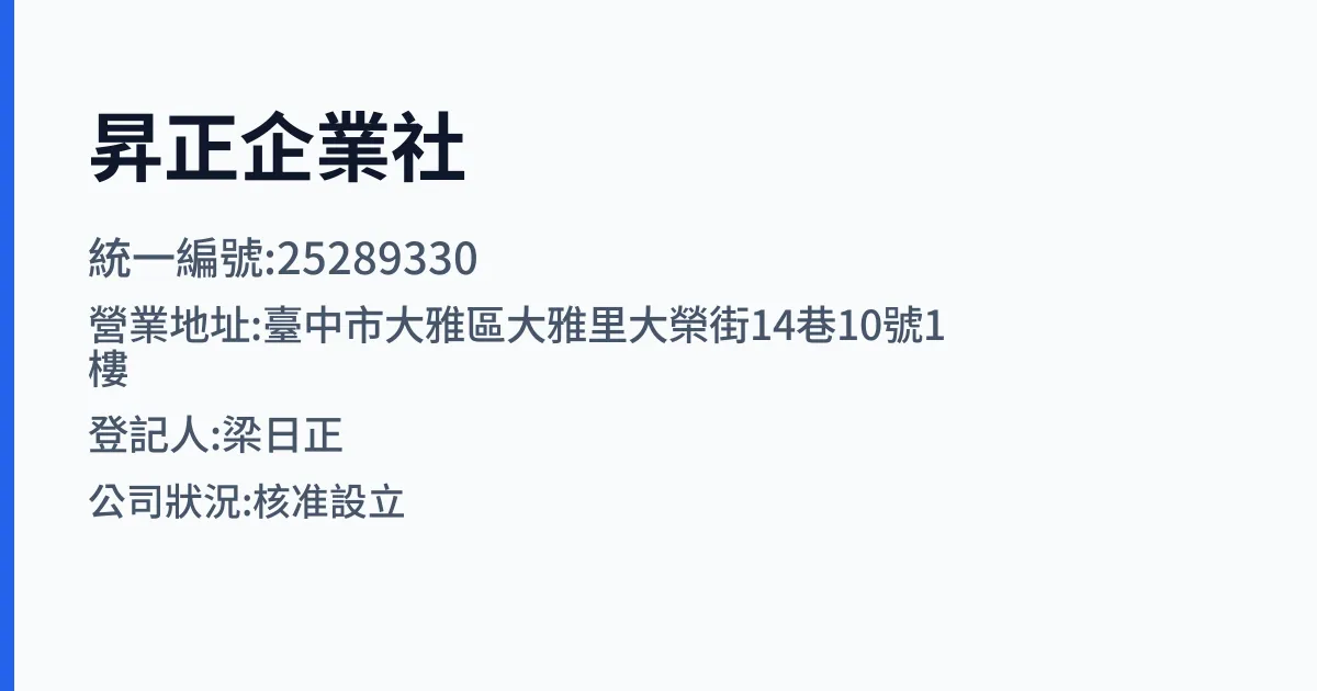 昇正企業社 - 統編 25289330(臺中市) 公司登記資料與營業項目詳細圖表
