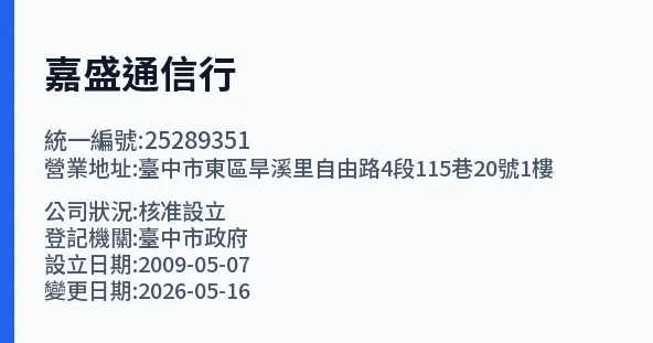 嘉盛通信行的照片-統編 25289351(臺中市) 公司登記資料與營業項目詳細圖表