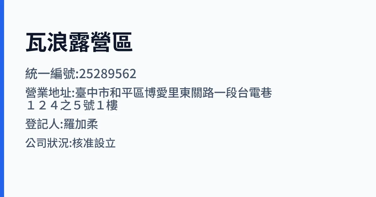 瓦浪露營區 - 統編 25289562(臺中市) 公司登記資料與營業項目詳細圖表