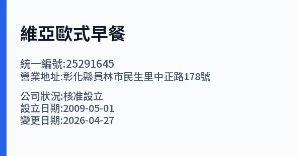 維亞歐式早餐的照片-統編 25291645(彰化縣) 公司登記資料與營業項目詳細圖表